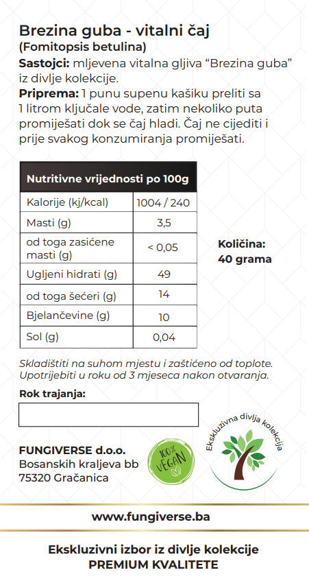 Brezina guba (Fomitopsis b.) organski čaj 40g – Fungiverse